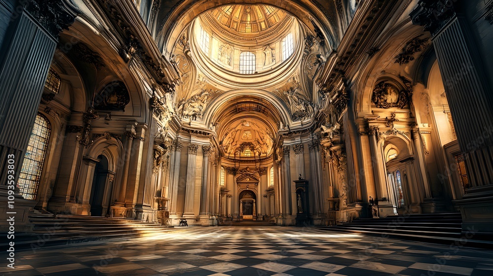 Majestic baroque cathedral interior with golden dome and checkered ...