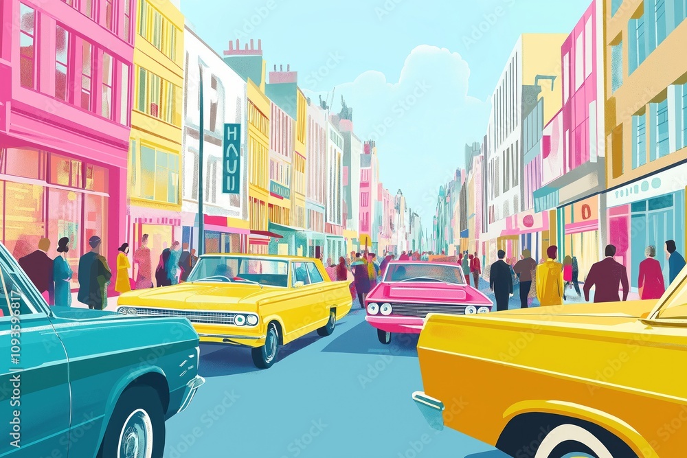 Colorful 1960s city street scene. Vintage cars and pedestrians in mod ...