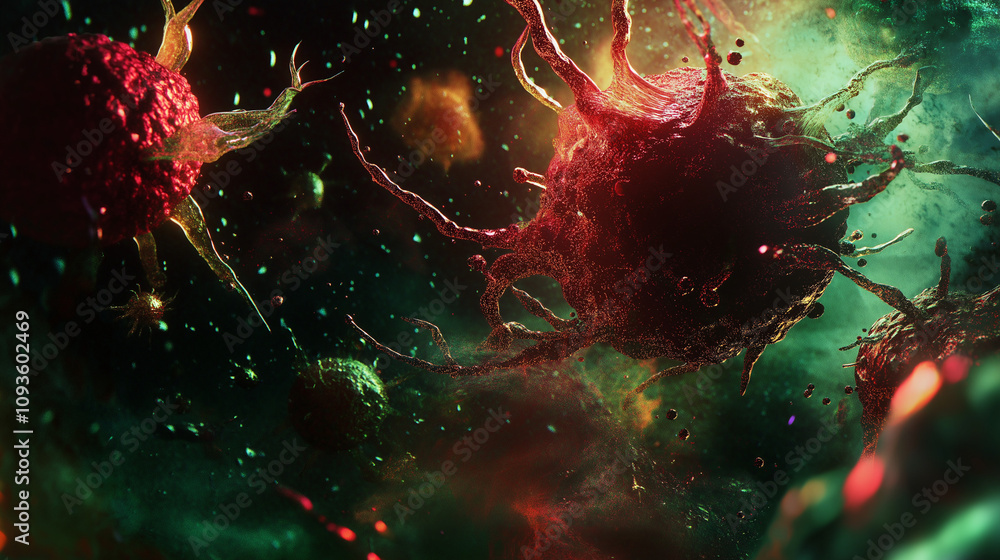 Intricate visual of cancer cells with tendril-like extensions ...