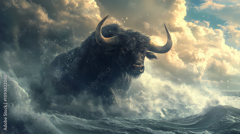 Mystical water bull sea monster mythical creature ocean cloud stormy ...