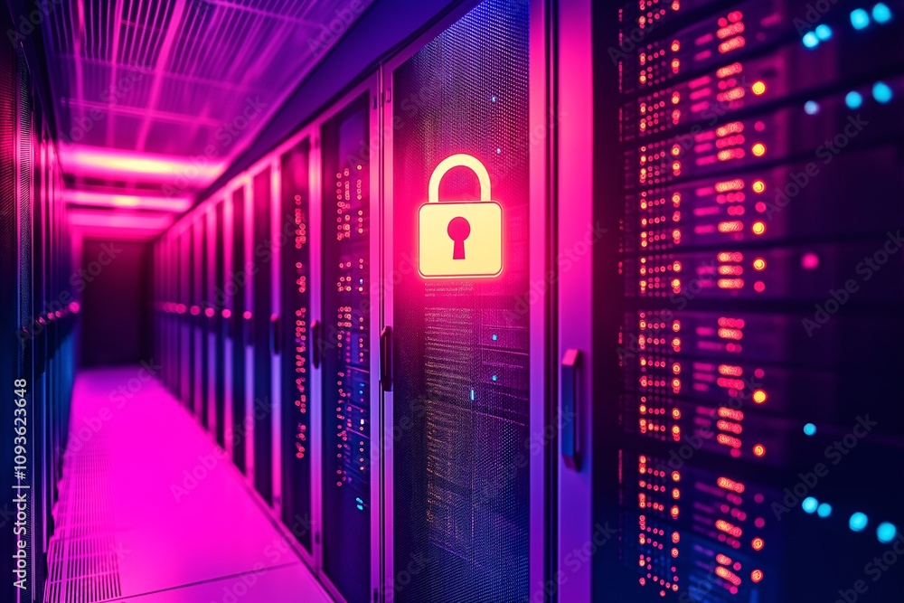 Cybersecurity Server Room: A glowing padlock symbol illuminates a row ...