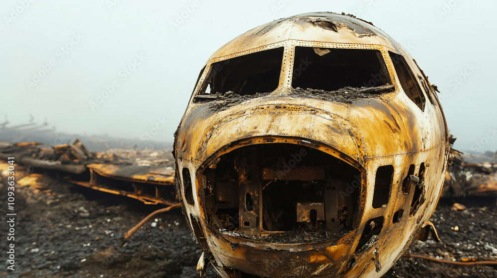 Destroyed cockpit of a burnt airplane, showing the devastating effects ...