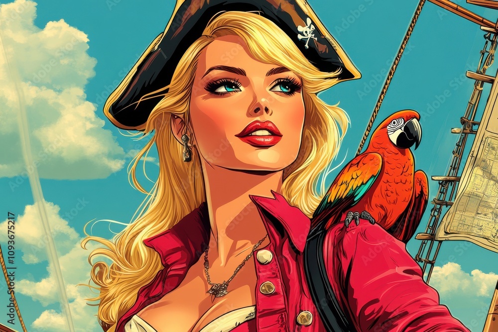 Blonde pirate pin-up girl with a colorful parrot on her shoulder aboard a ship under blue skies ...