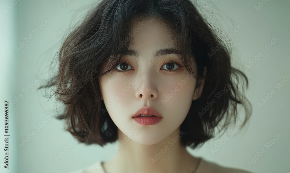 Beautiful Korean woman in her 20s with short, chin-length hair, staring ...