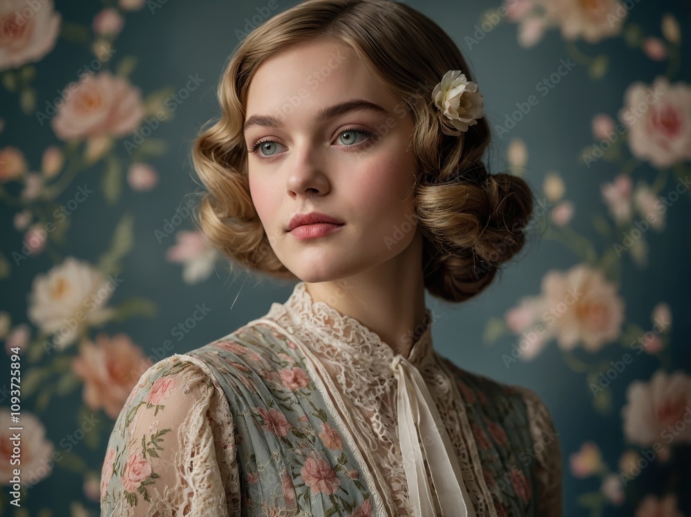 A woman dressed in vintage clothing, with a retro hairstyle and ...