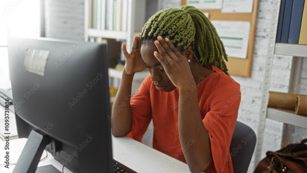 Woman with braids in office stressing over computer work stress hand ...