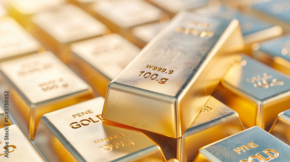 Gold bars stacked in business environment with shiny surface and ...