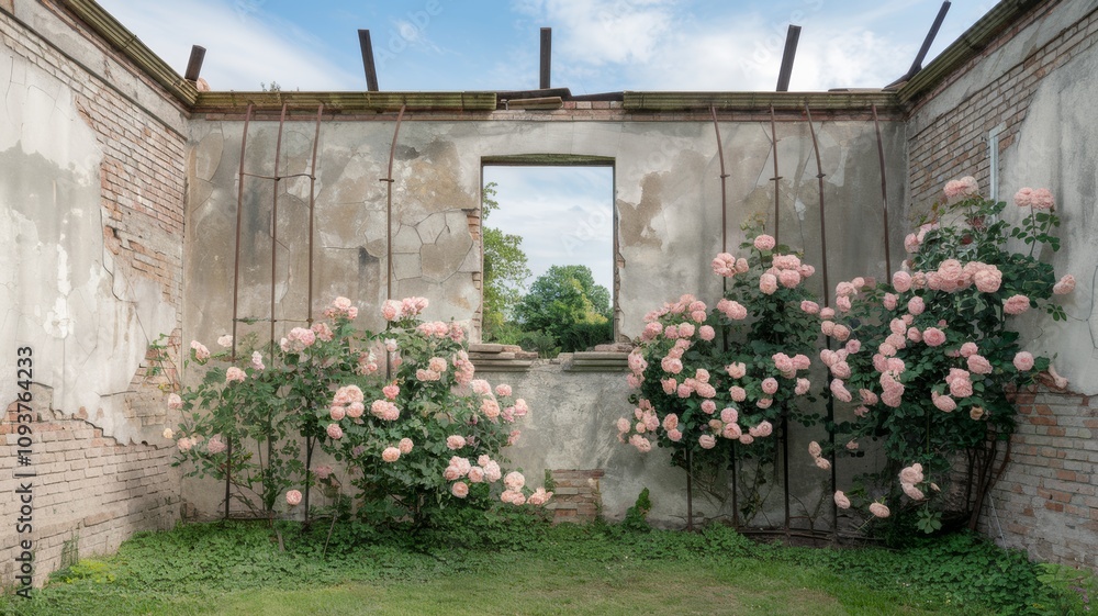 An old dilapidated wall with climbing roses. The wall is made of old ...