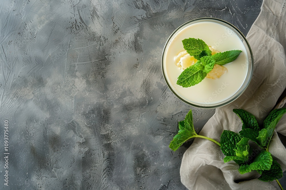 Mint pina colada with cream milk viewed from the top on gray concrete ...