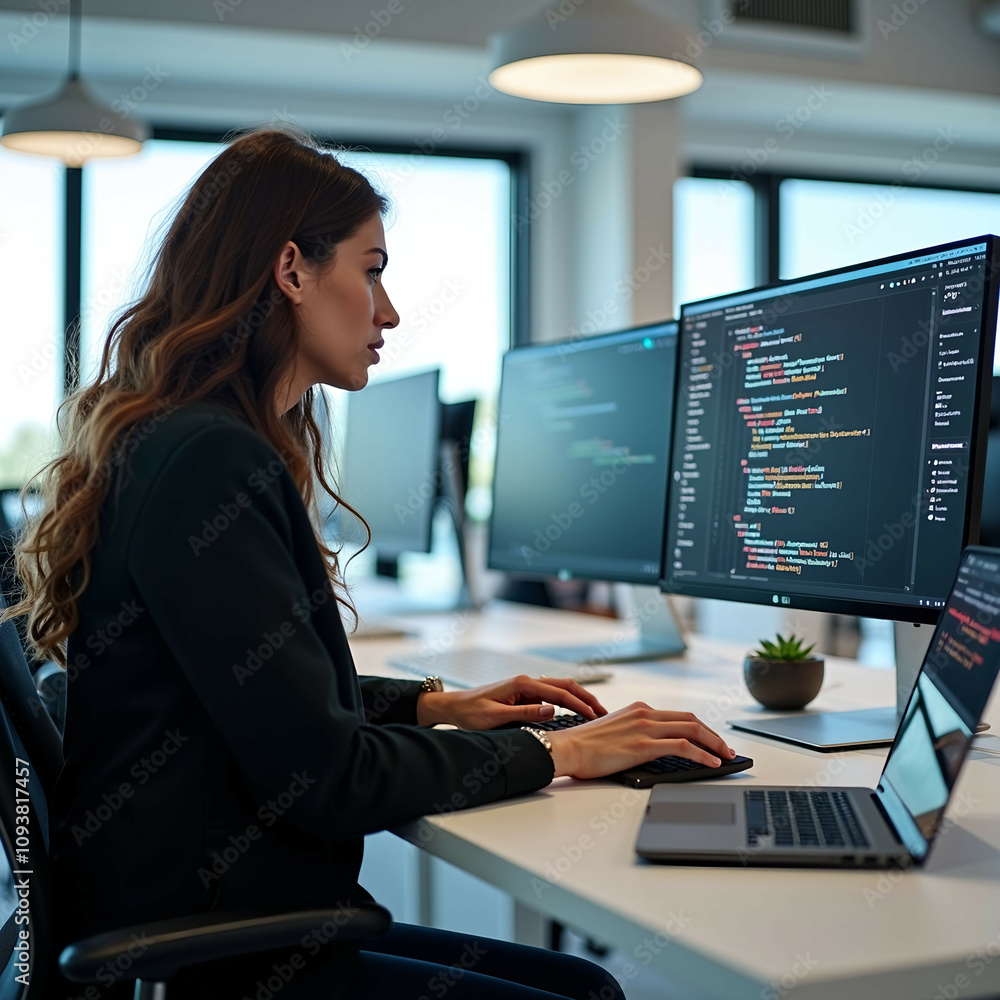 Photo, 8k resolution, a software engineer sitting at a modern workstation, typing on a sleek ...