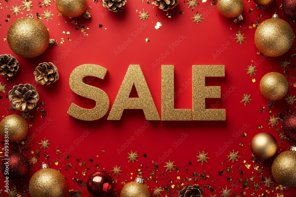 Large SALE letters on a red background with golden Christmas baubles ...