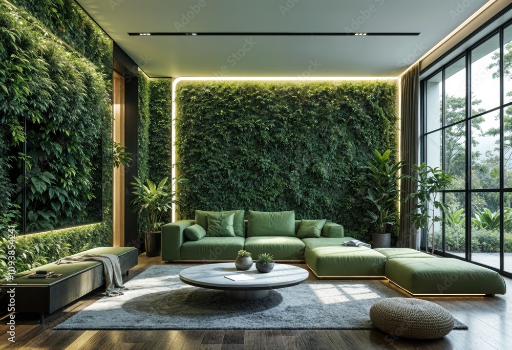 Modern Biophilic Living Room with Vertical Green Wall, Plush Green Sofa ...