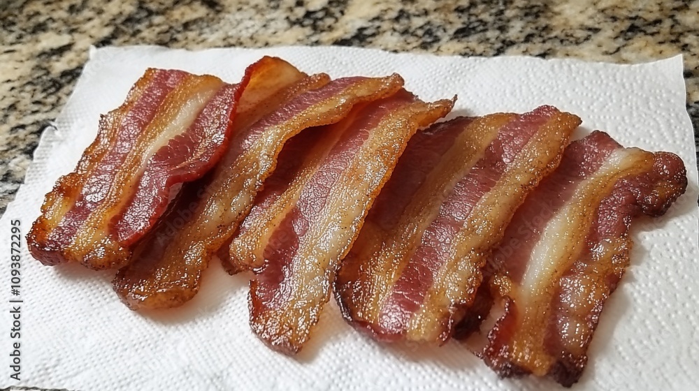 Crispy strips of richly flavored bacon laid out on a paper towel ...
