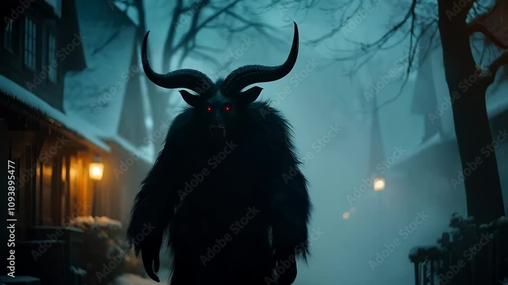 Krampus with goat horns in night winter city. Traditional Christmas ...