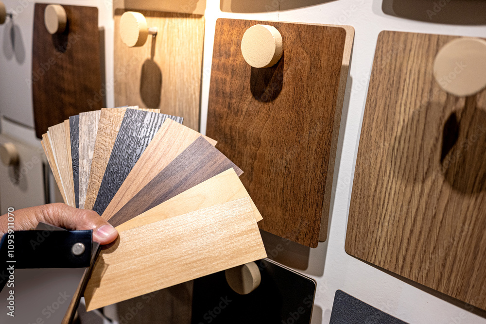 Designer hand choosing sample of wood laminated from natural collection ...