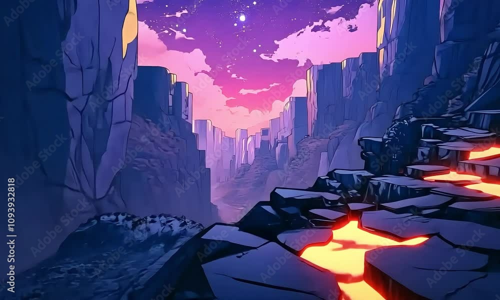 Surreal Nighttime Landscape with Majestic Mountains, Glowing Lava Path ...