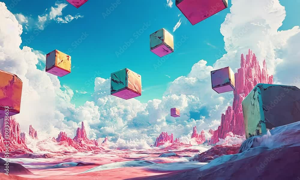 Surreal Landscape With Floating Colorful Cubes And Dreamy Clouds Under A Bright Blue Sky