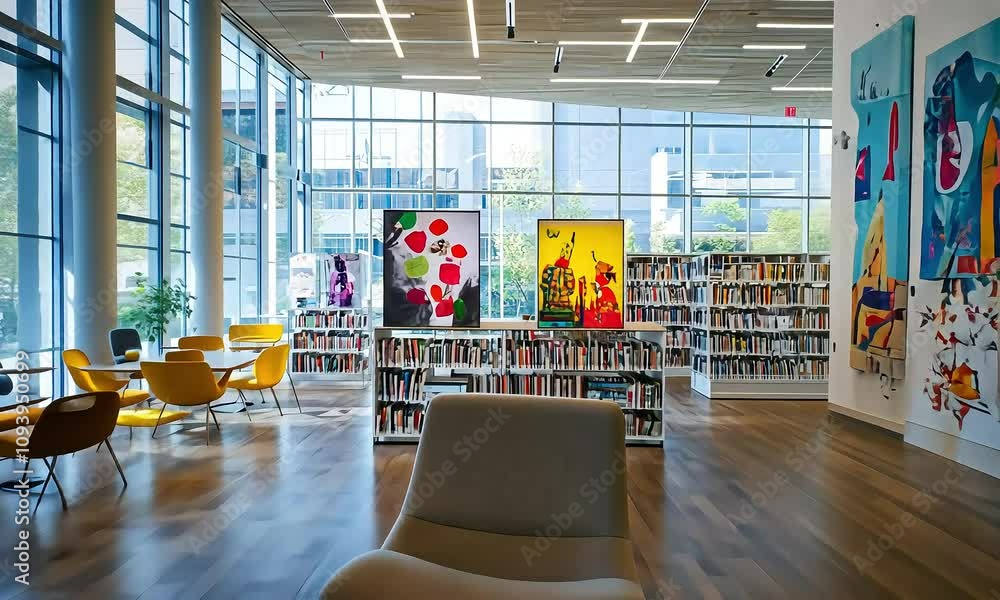 Modern Library Interior Design with Colorful Artwork, Cozy Seating ...