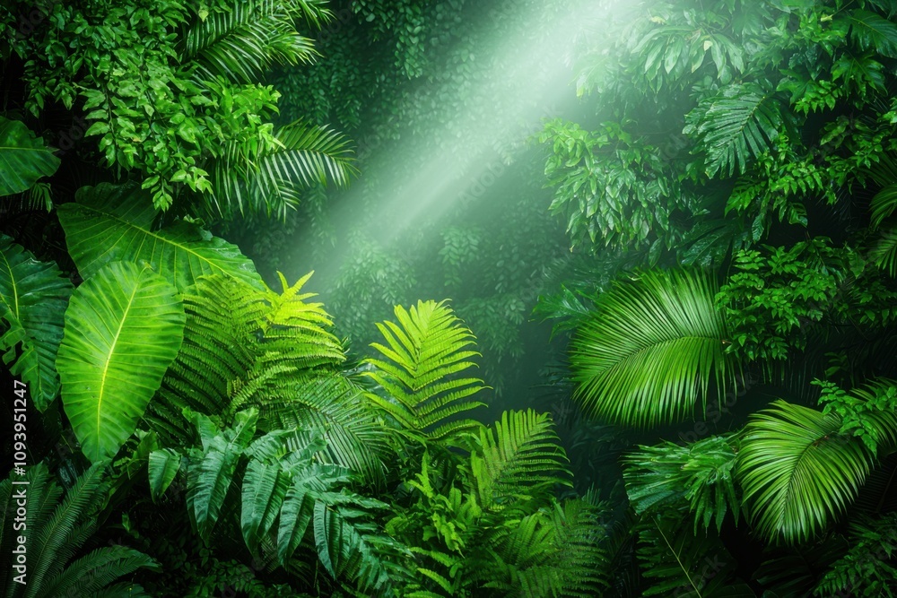 Lush Green Tropical Rainforest with Sunlight Beaming Through Dense ...