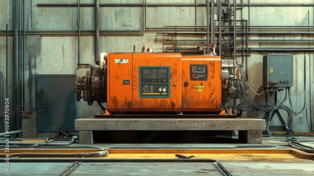 Industrial power generator on a concrete platform, cables and ...
