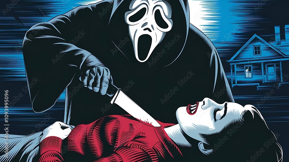 Ghostface, the infamous killer stabbing a victim in the chest with a ...
