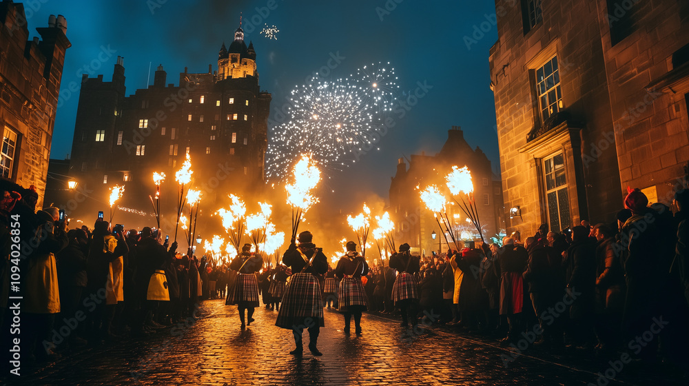 Hogmanay torchlight parade led by people dressed in traditional ...
