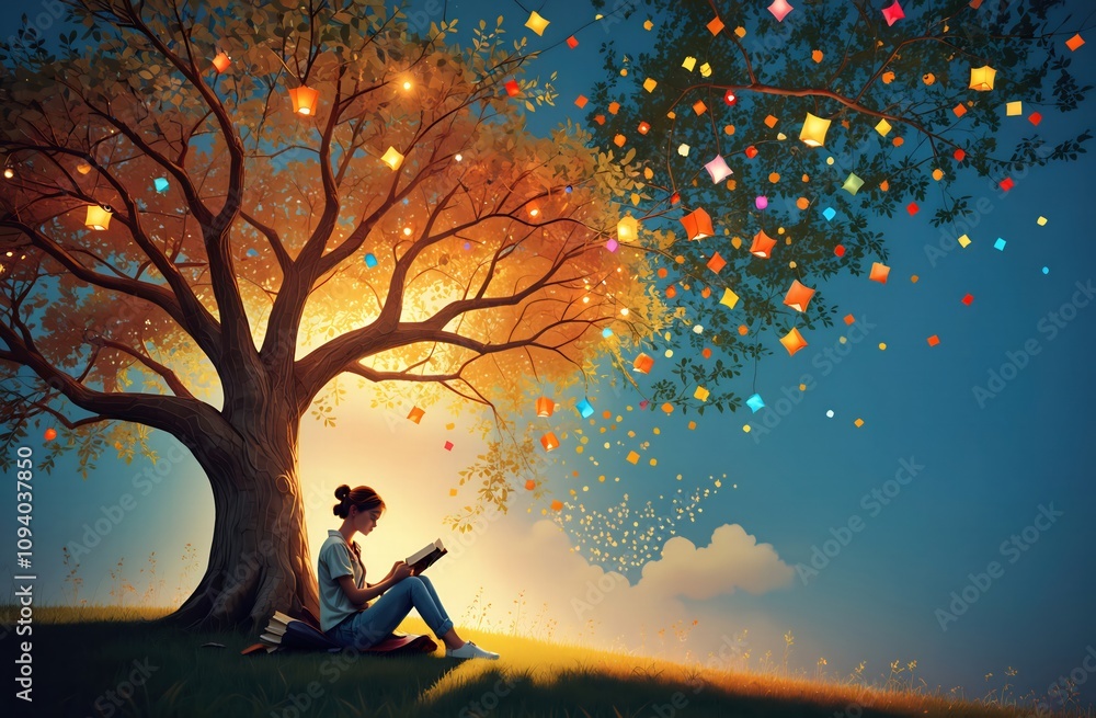 Mujer leyendo un libro bajo la sombra de un árbol al atardecer. El ...