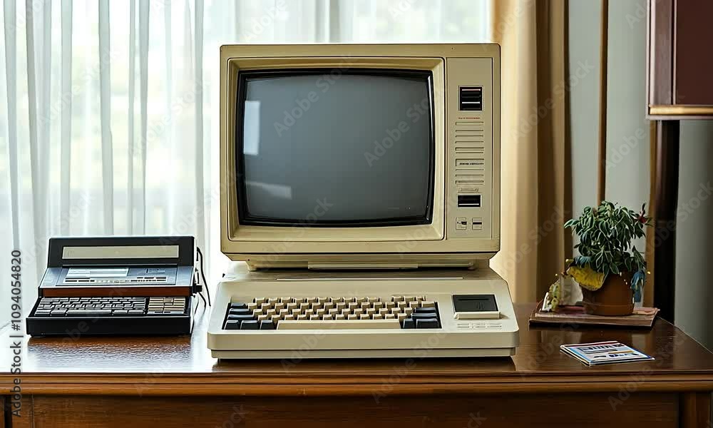 Vintage Computer Setup with Classic Monitor and Retro Office Items in a ...