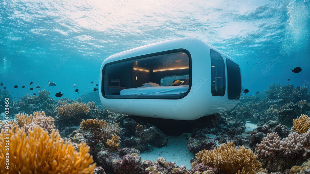 Underwater sleeping pod with panoramic views of marine life, surrounded ...