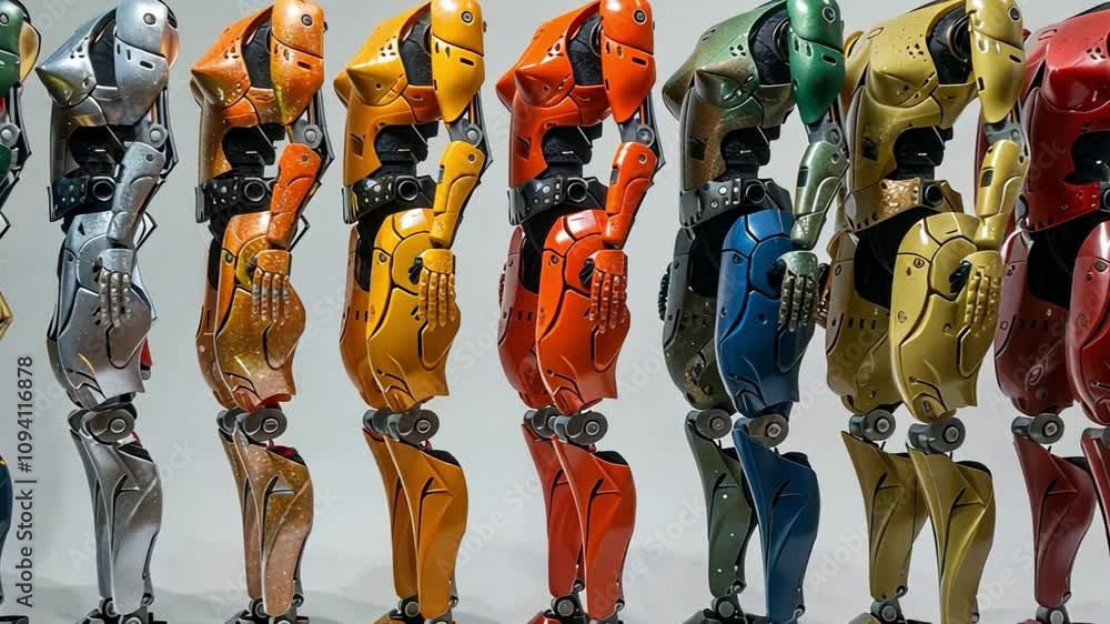 A lineup of humanoid robots in various vibrant colors stands side by ...