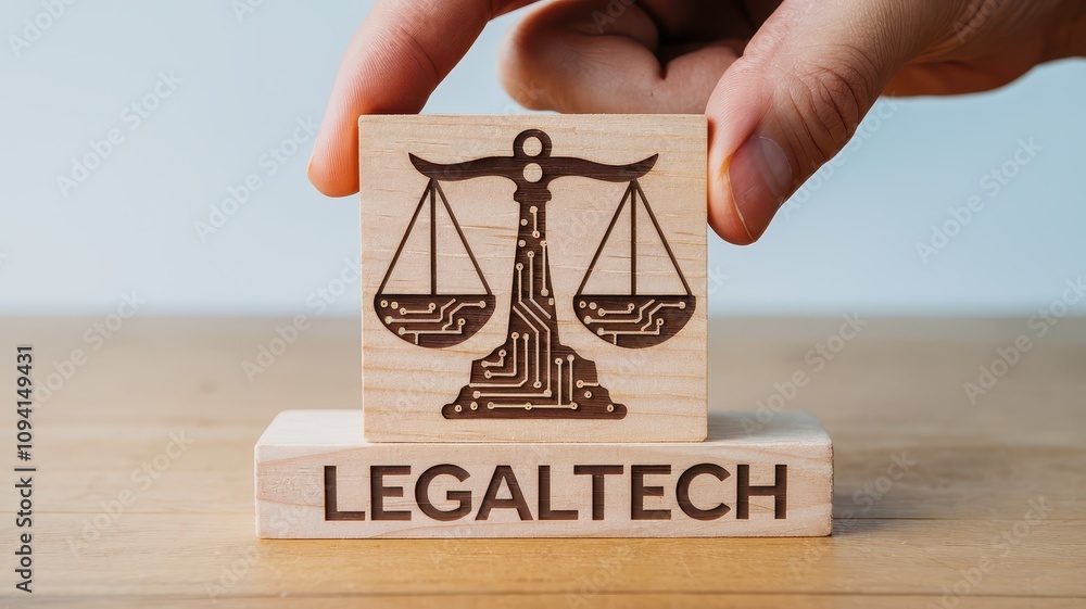 Legaltech Concept , Wooden block with an icon depicting the scales of ...