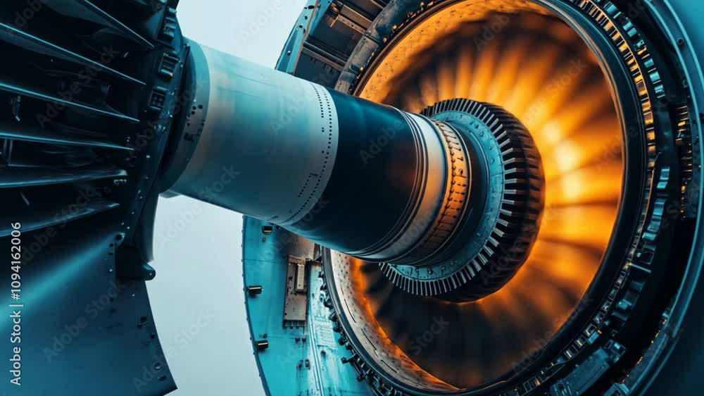 Jet Engine - Side view of a powerful jet engine with blades and thrust ...
