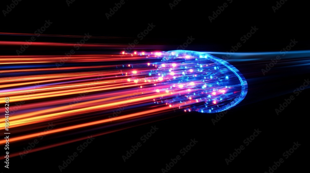 Fiber optic. Bundle of optical fiber wires transmits data at high speed ...