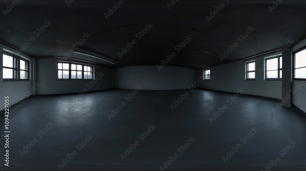 360 degree panorama view.A dark, empty room. A 3D image showing the ...