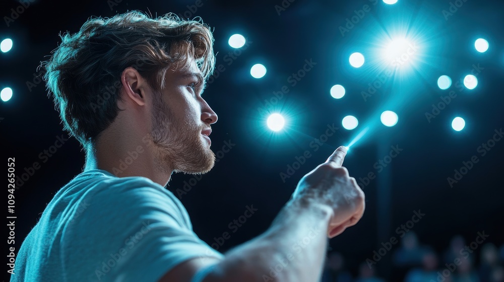 A presenter stands confidently at the front of a room, using a laser ...