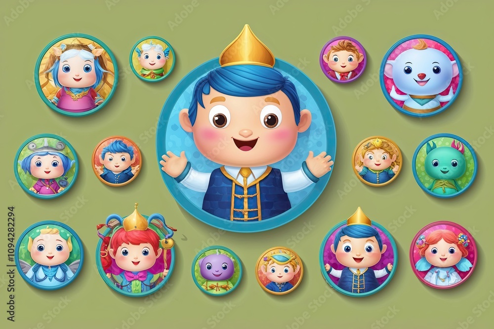 Vibrant Kids Fantasy Cartoon Icon Collection Featuring Whimsical ...