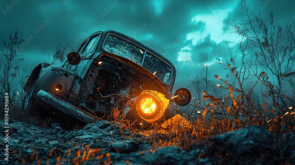 Accident scene overturned car in ditch with broken taillights rural ...