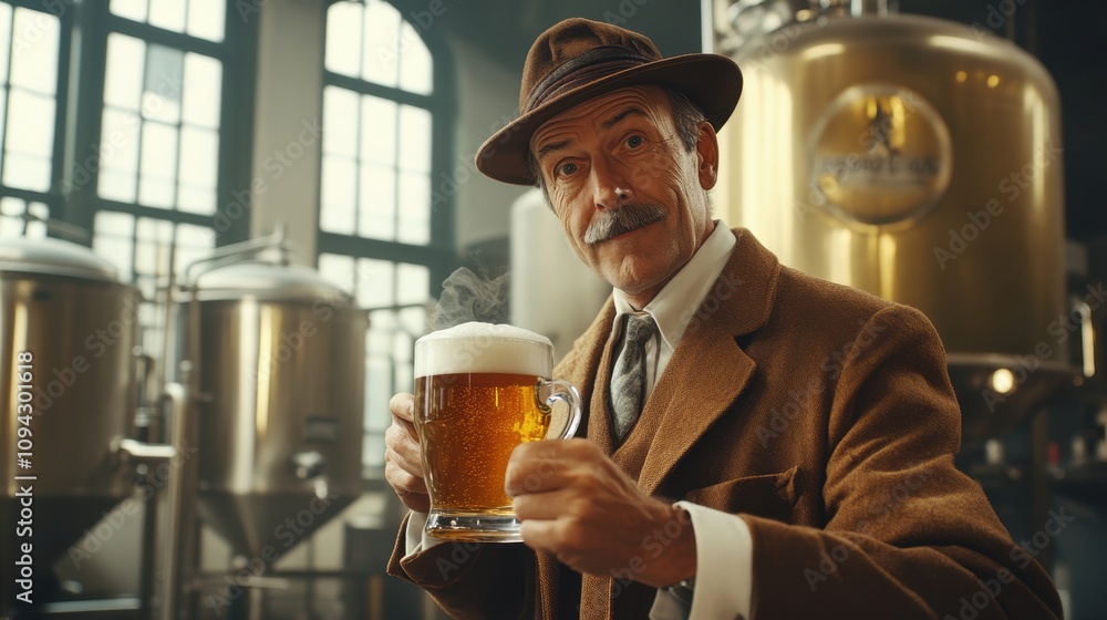 Brewery master dressed in traditional attire holds a mug of beer ...