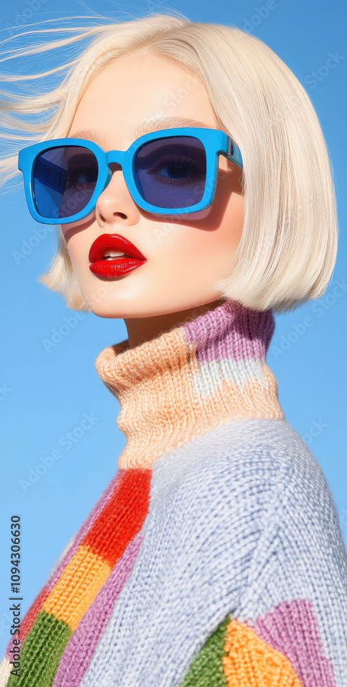 glossy deep red lip, super trendy short bob haircut, wind blowing, Y2K ...