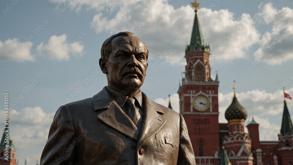 A statue of Lenin, wearing Soviet military attire, standing on a metal ...