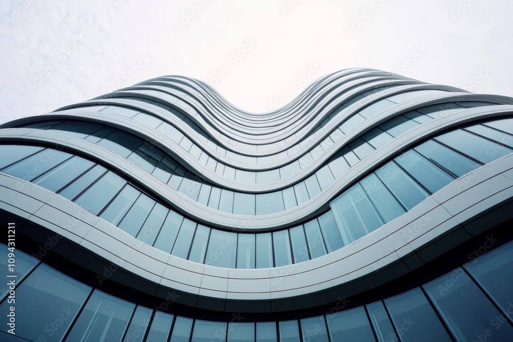 Modern curved office building with wavy design and large glass windows ...