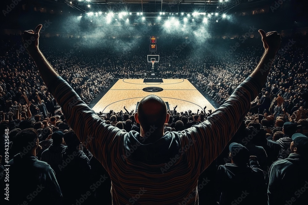 Basketball Fan Cheering in Packed Stadium with Arms Raised in ...