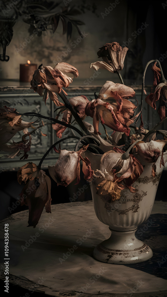 Gothic still life gothic old vase with dead flowers gothic flowers in ...
