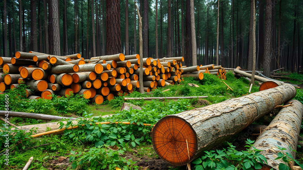 Felled logs and tree stumps in a cleared forest, highlighting the ...