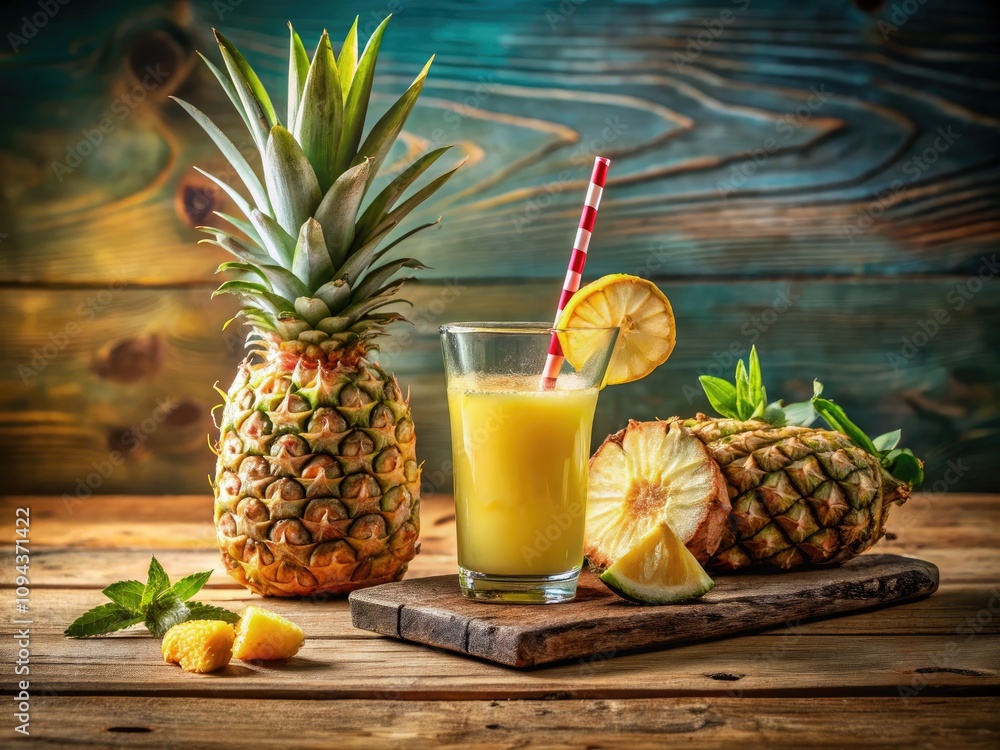 Refreshing Pineapple Drink and Tropical Pineapple on a Rustic Table for ...