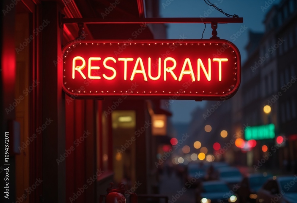A charming neon restaurant sign glows warmly on a cozy street, inviting ...