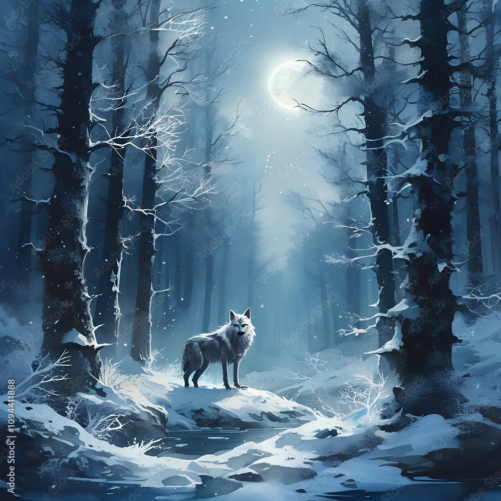Mystical winter forest in artistic fantasy style, frost-covered trees ...