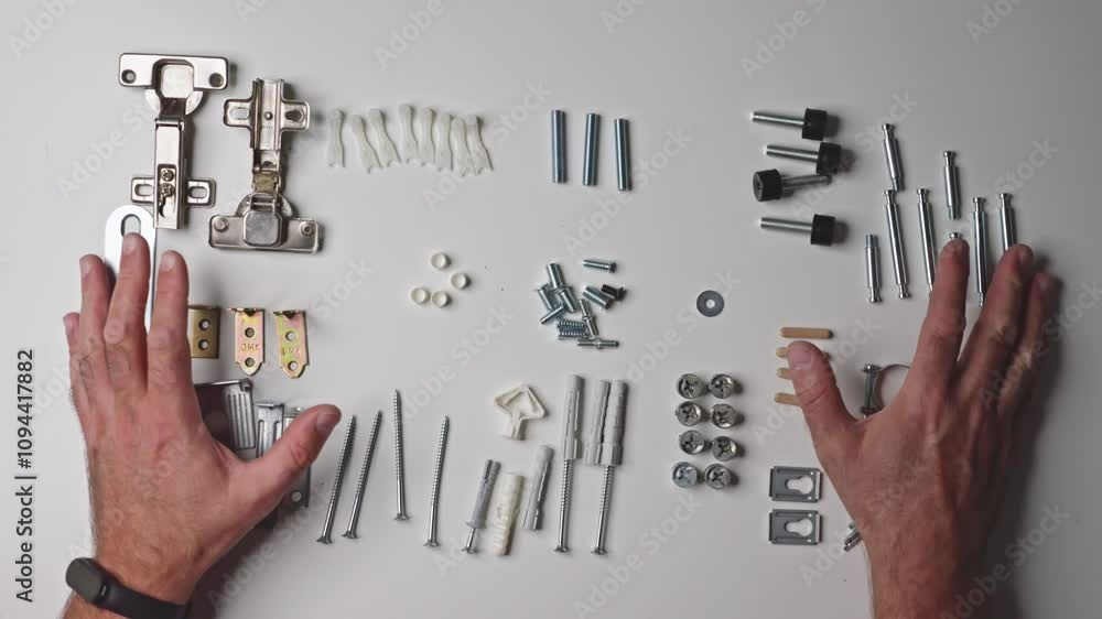 Macro view of screws, dowels, and hinges on a white surface, hands ...