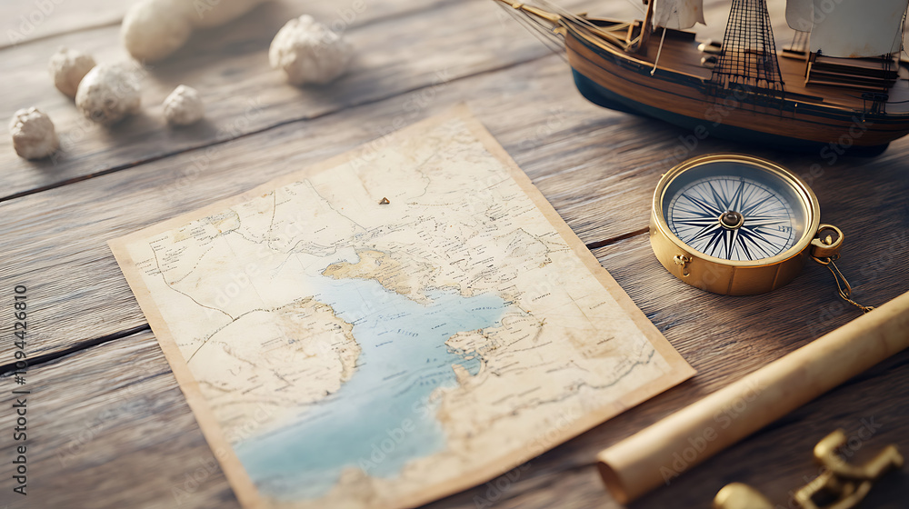 Ocean with map lines and map details, illustrated map and compass, top ...