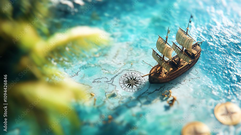 Ocean with map lines and map details, illustrated map and compass, top ...